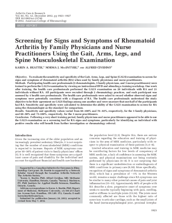 (PDF) Screening for signs and symptoms of rheumatoid arthritis by ...