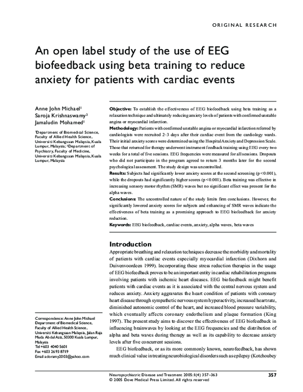 (PDF) An open label study of the use of EEG biofeedback using beta training to reduce anxiety ...