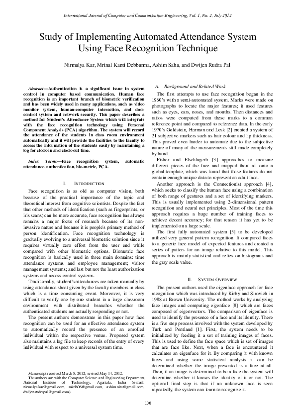 (PDF) Study of Implementing Automated Attendance System Using Face Recognition Technique