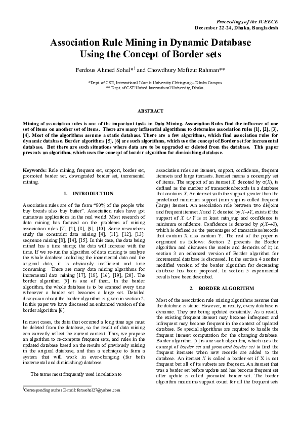 (PDF) Association Rule Mining in Dynamic Database Using the Concept of Border sets