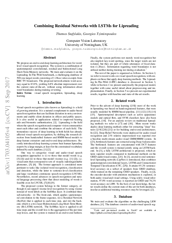 (PDF) Combining Residual Networks with LSTMs for Lipreading