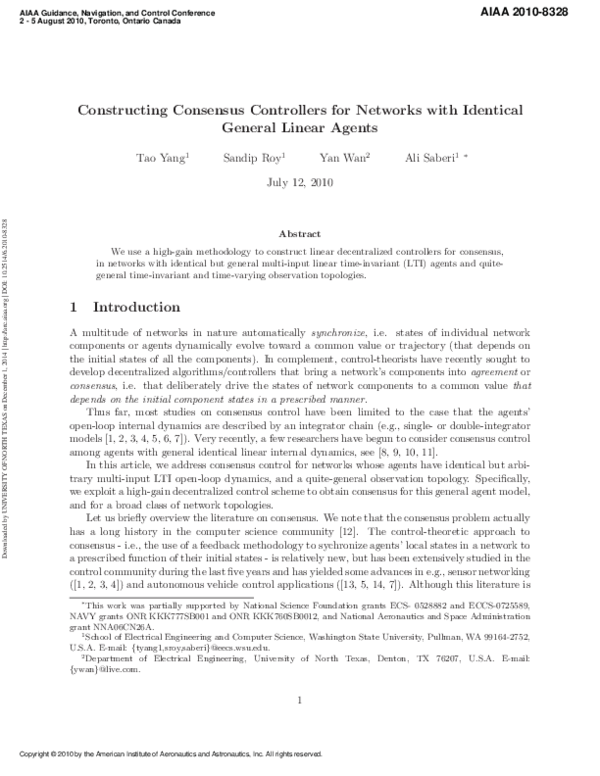 (PDF) Constructing consensus controllers for networks with identical general linear agents