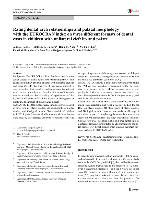 (PDF) Rating dental arch relationships and palatal morphology with the EUROCRAN index on three ...