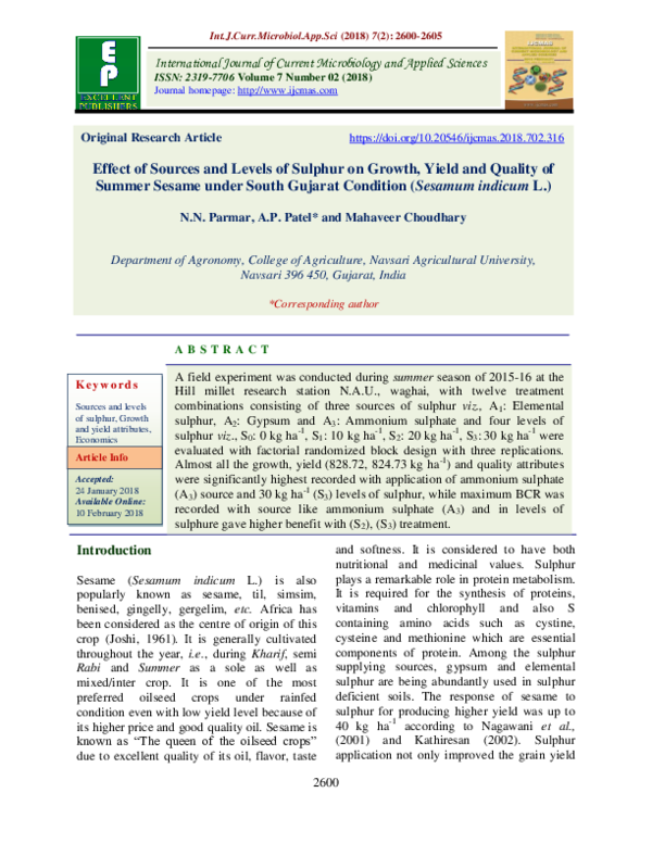 Pdf Effect Of Sources And Levels Of Sulphur On Growth And Yield Of