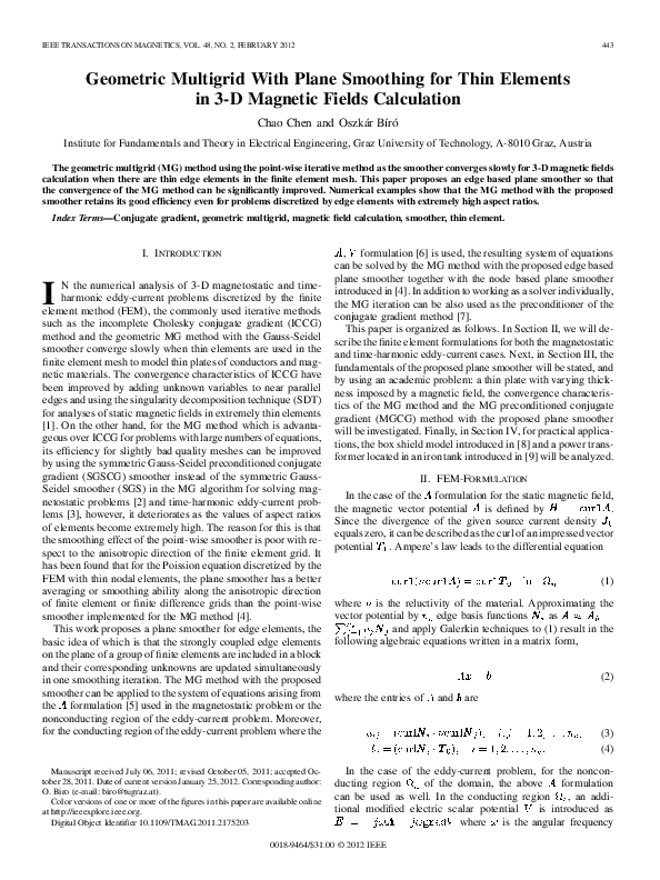 (PDF) Geometric Multigrid With Plane Smoothing for Thin Elements in 3-D Magnetic Fields ...