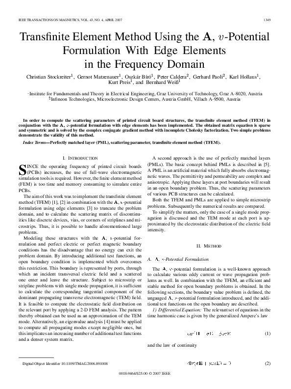 (PDF) Transfinite Element Method Using the ${\bf A}$ , $v$ -Potential Formulation With Edge ...