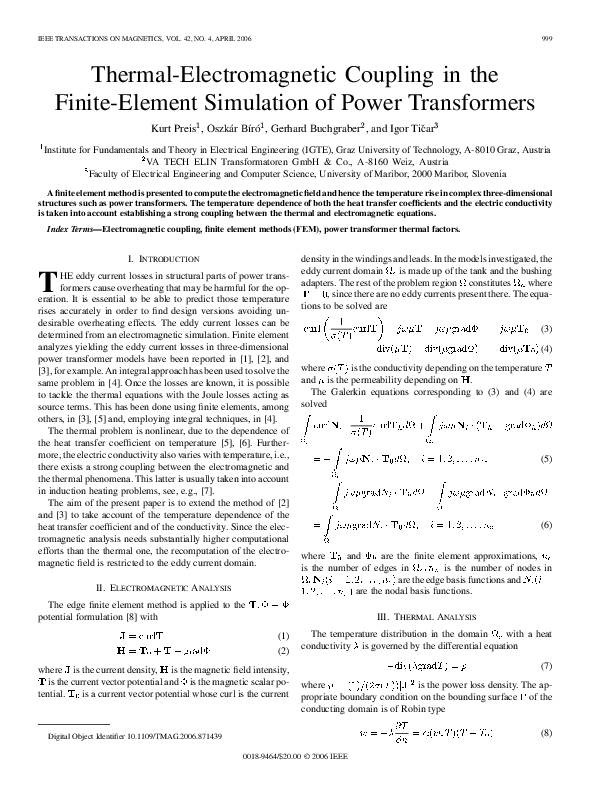 Pdf Thermal Electromagnetic Coupling In The Finite Element Simulation Of Power Transformers