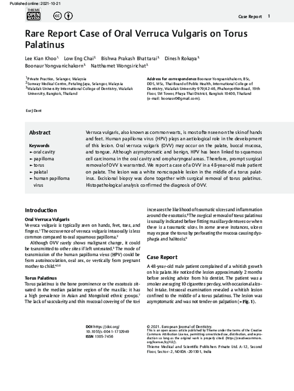 (PDF) Rare Report Case of Oral Verruca Vulgaris on Torus Palatinus ...