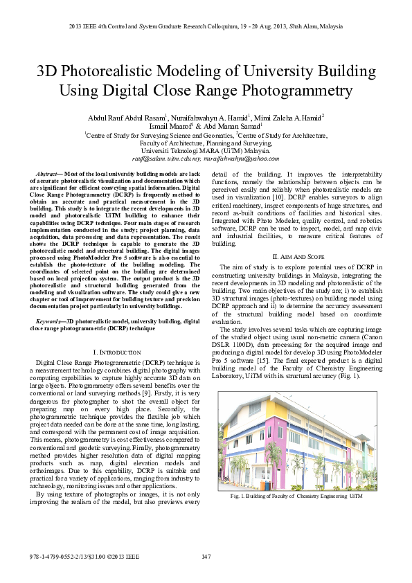 (PDF) 3D photorealistic modeling of university building using Digital Close Range Photogrammetry