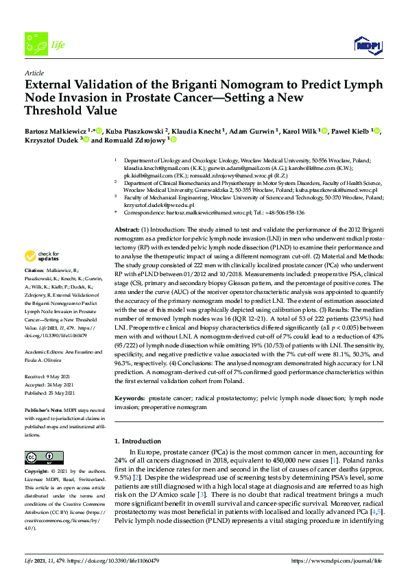 (PDF) External Validation of the Briganti Nomogram to Predict Lymph Node Invasion in Prostate ...