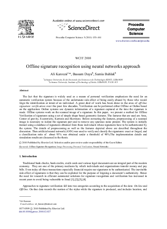 Pdf Offline Signature Recognition Using Neural Networks Approach