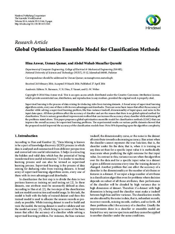 (PDF) Global Optimization Ensemble Model for Classification Methods