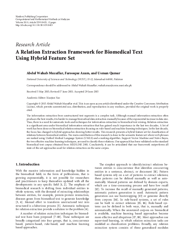 Pdf A Relation Extraction Framework For Biomedical Text Using Hybrid Feature Set