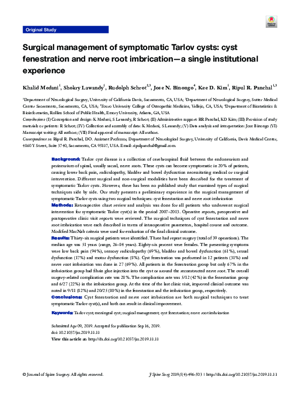 (PDF) Surgical management of symptomatic Tarlov cysts: cyst ...