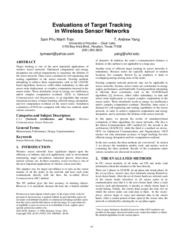 Pdf Evaluations Of Target Tracking In Wireless Sensor Networks