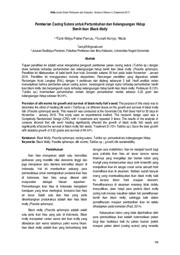 (PDF) Pemberian Cacing Sutera untuk Pertumbuhan dan Kelangsungan Hidup Benih Ikan Black Molly