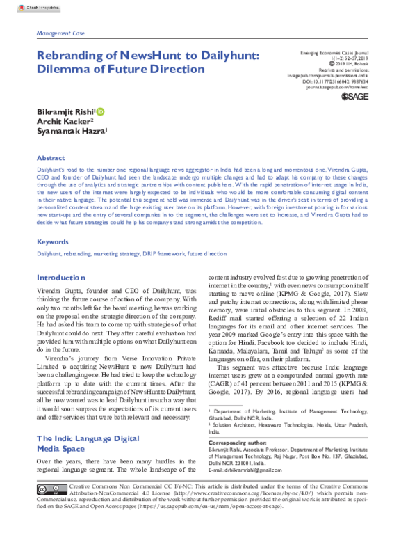 (PDF) Rebranding of NewsHunt to Dailyhunt: Dilemma of Future Direction