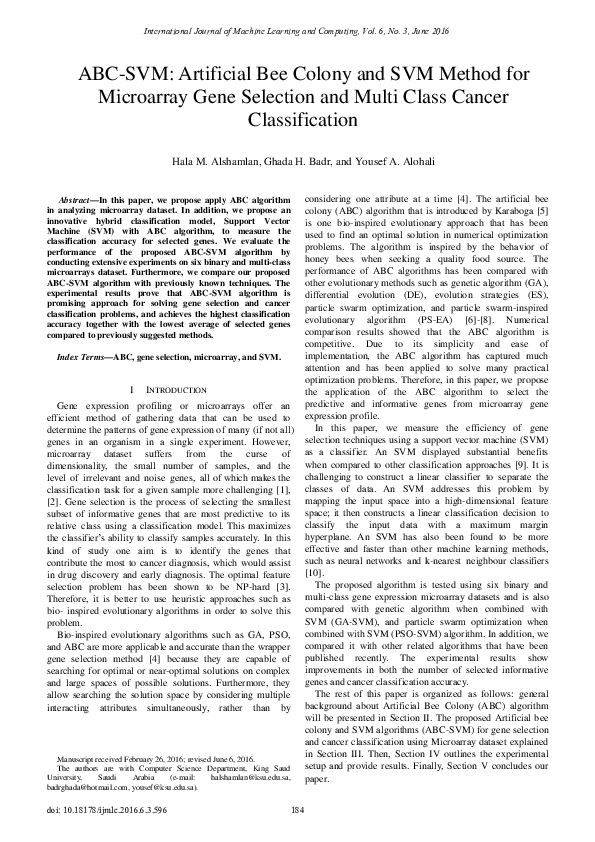 (PDF) ABC-SVM: Artificial Bee Colony and SVM Method for Microarray Gene Selection and Multi ...