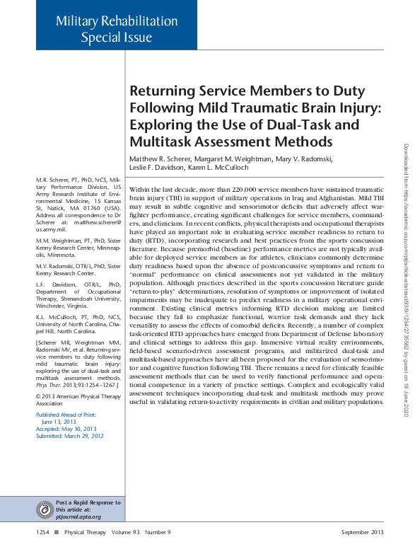 (PDF) Returning Service Members to Duty Following Mild Traumatic Brain ...