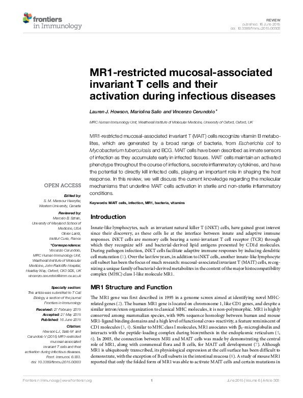 (PDF) MR1-Restricted Mucosal-Associated Invariant T Cells and Their ...