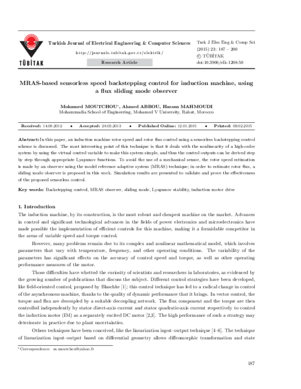 (PDF) MRAS-based sensorless speed backstepping control for induction machine, using a flux ...