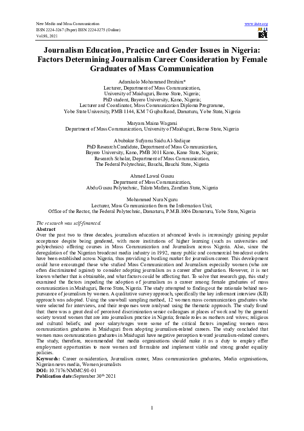 (PDF) Journalism Education, Practice and Gender Issues in Nigeria: Factors Determining ...