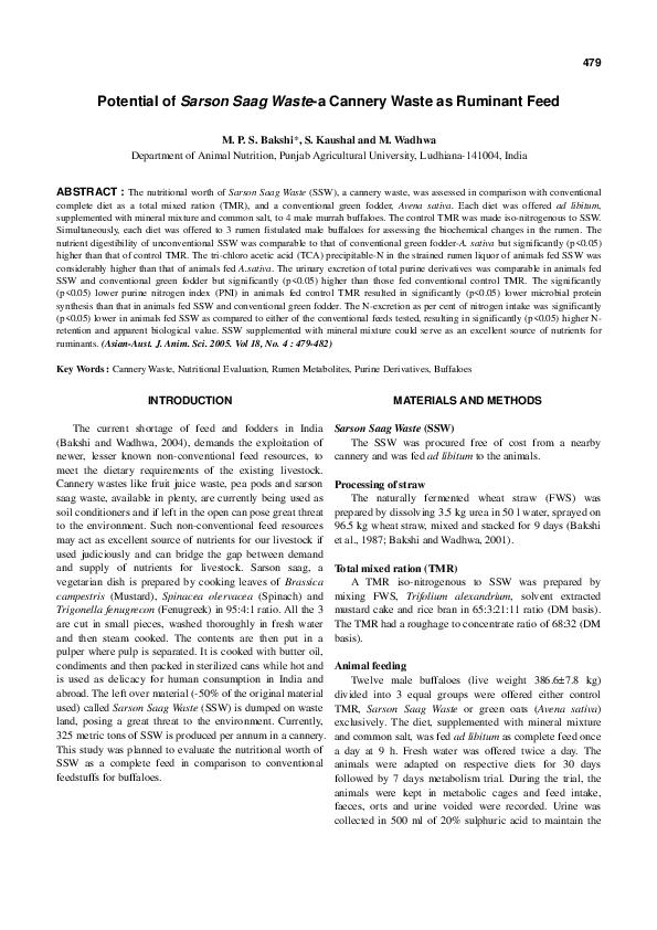 (PDF) Potential of Sarson Saag Waste-a Cannery Waste as Ruminant Feed