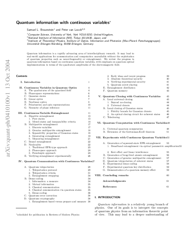 Pdf Quantum Information With Continuous Variables G Leuchs