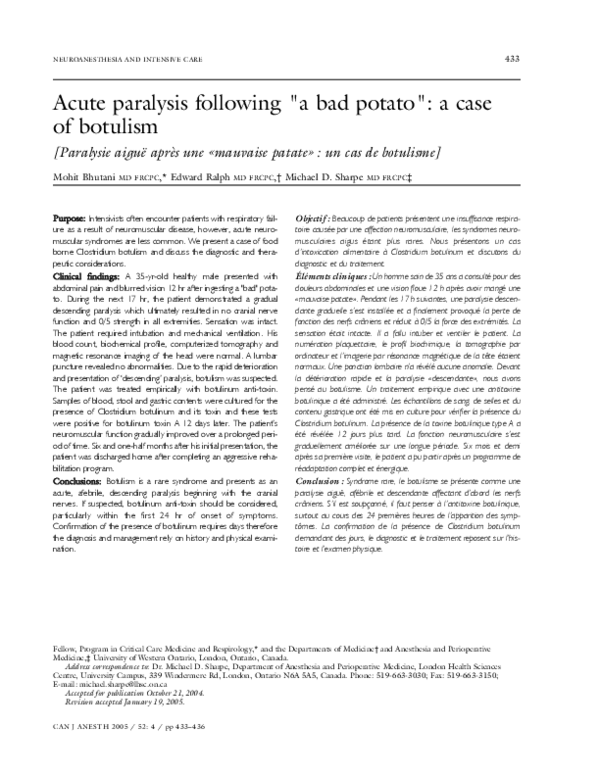 (PDF) Acute paralysis following “a bad potato”: A case of botulism