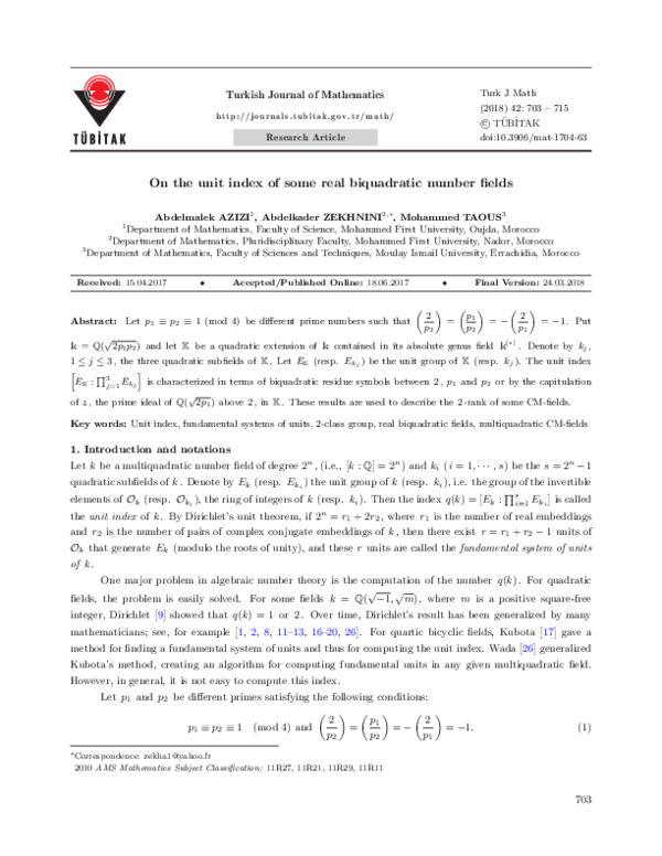 (PDF) On the unit index of some real biquadratic number fields