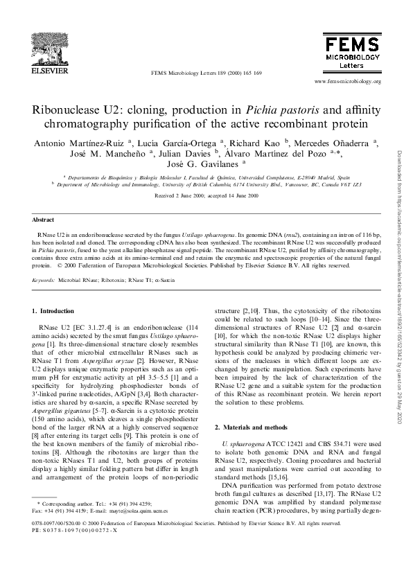 (PDF) Ribonuclease U2: cloning, production in Pichia pastoris and ...