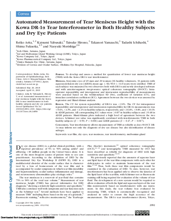 (PDF) Automated Measurement of Tear Meniscus Height with the Kowa DR-1α ...