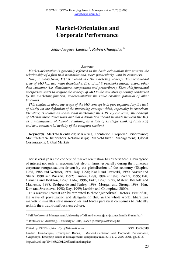 (PDF) Market Orientation and Corporate Performance
