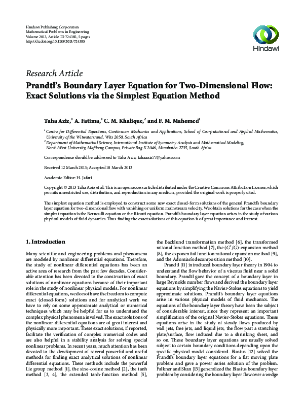 (PDF) Prandtl's Boundary Layer Equation for Two-Dimensional Flow: Exact ...