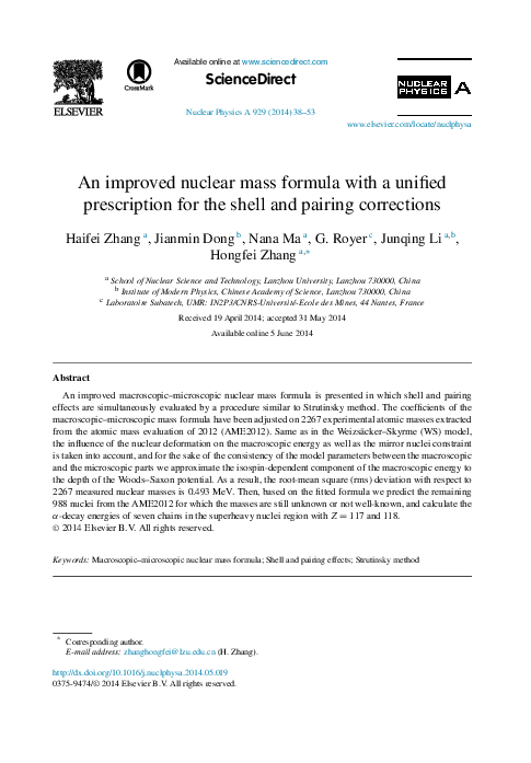 (PDF) An improved nuclear mass formula with a unified prescription for the shell and pairing ...