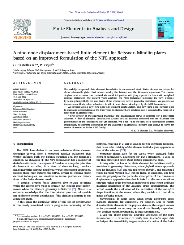 Pdf A Nine Node Displacement Based Finite Element For Reissner