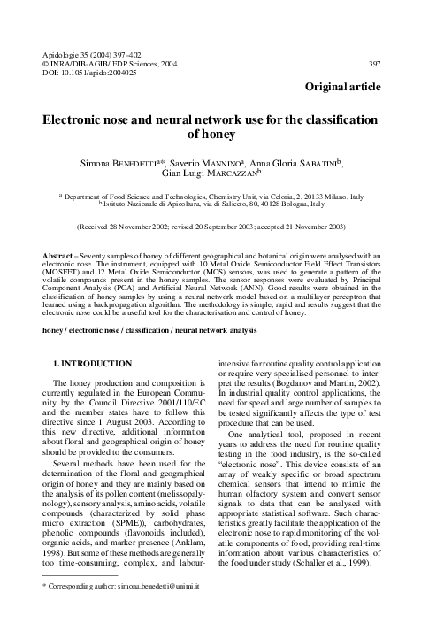 Pdf Electronic Nose And Neural Network Use For The Classification Of Honey