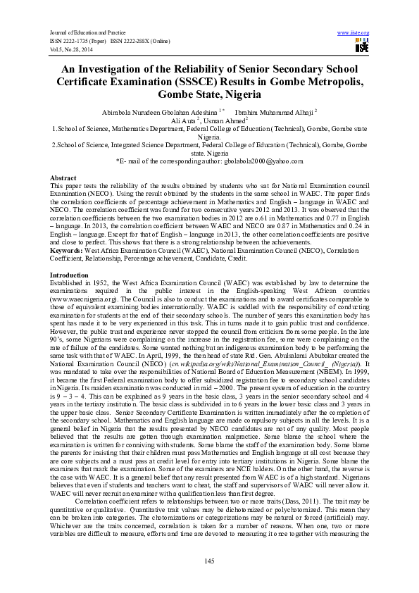(PDF) An Investigation of the Reliability of Senior Secondary School Certificate Examination ...