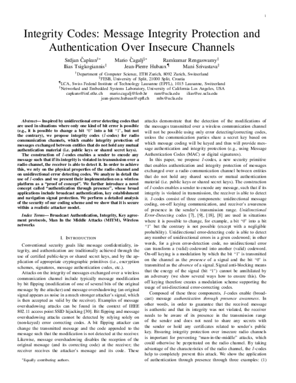 (PDF) Integrity Codes: Message Integrity Protection and Authentication ...