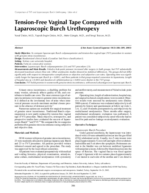 Pdf Tension Free Vaginal Tape Compared With Laparoscopic Burch