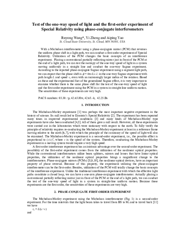 (PDF) Test of the one-way speed of light and the first-order experiment ...