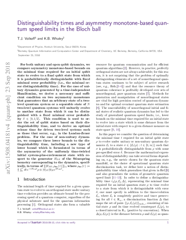 (PDF) Distinguishability times and asymmetry monotone-based quantum speed limits in the Bloch ...