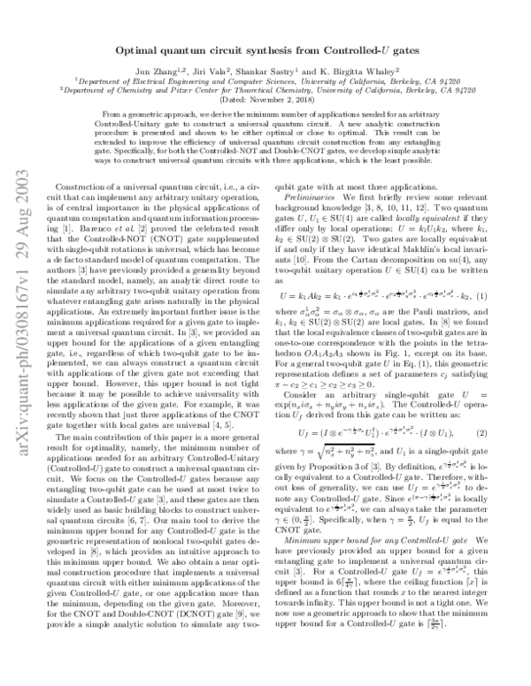 Pdf Optimal Quantum Circuit Synthesis From Controlled Unitary Gates