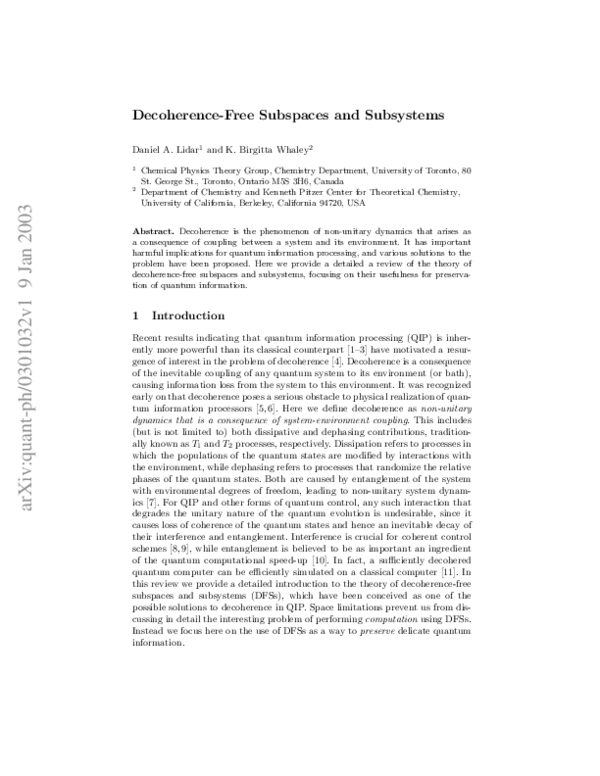 (PDF) Decoherence-Free Subspaces and Subsystems