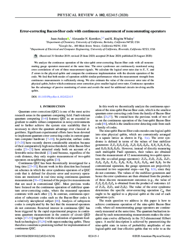 (PDF) Error-correcting Bacon-Shor code with continuous measurement of noncommuting operators