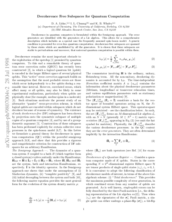 (PDF) Decoherence-Free Subspaces for Quantum Computation