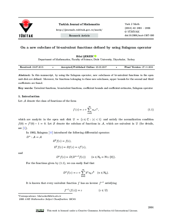 (PDF) New Bi-Univalent Functions via Salagean Operator