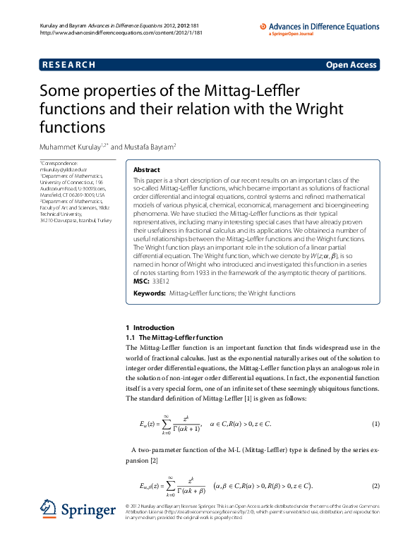 Pdf Some Properties Of The Mittag Leffler Functions And Their Relation With The Wright Functions