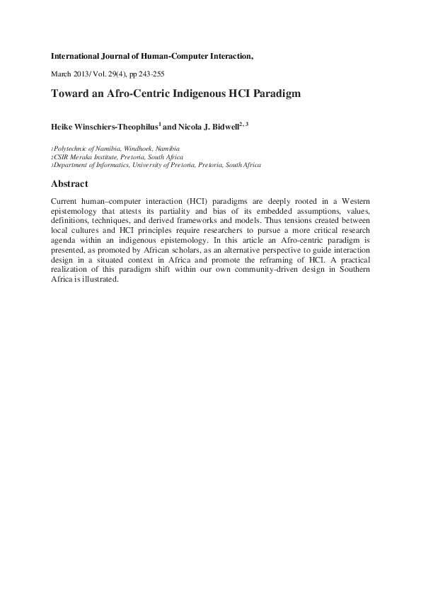 (PDF) Toward an Afro-Centric Indigenous HCI Paradigm