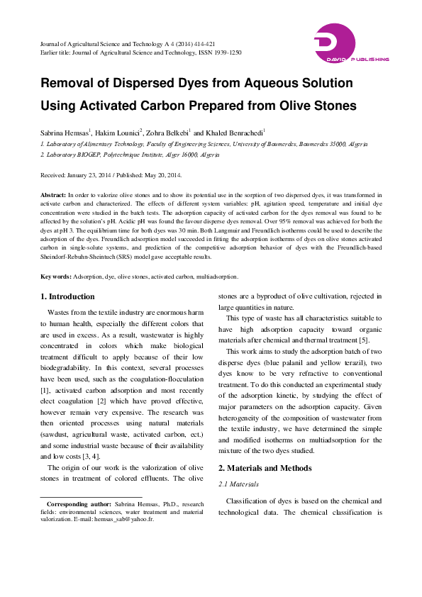 (PDF) Removal of Dispersed Dyes from Aqueous Solution Using Activated Carbon Prepared from Olive ...